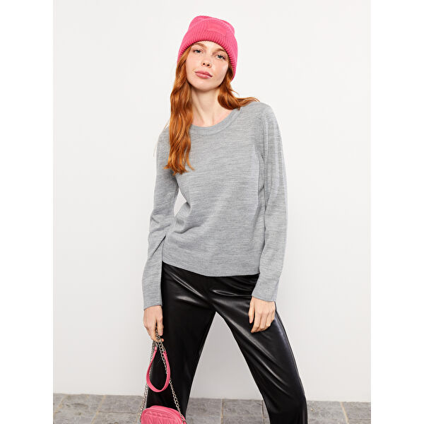 Bisiklet Yaka Düz Uzun Kollu Kadın Triko Kazak