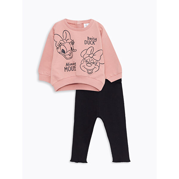 Bisiklet Yaka Uzun Kollu Disney Baskılı Kız Bebek Sweatshirt ve Tayt 2'li Takım
