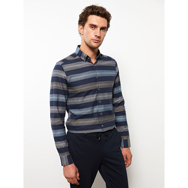 Slim Fit Uzun Kollu Çizgili Gabardin Erkek Gömlek