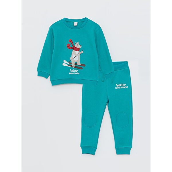 Bisiklet Yaka Uzun Kollu Baskılı Erkek Bebek Sweatshirt ve Eşofman Alt 2'li Takım