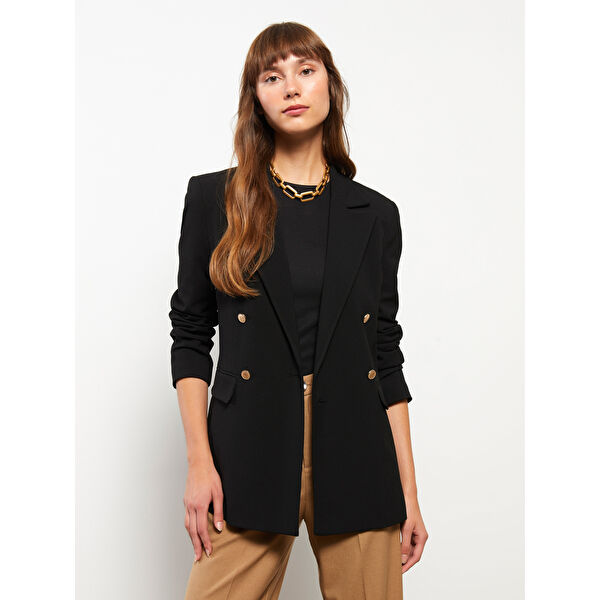 Kruvaze Yaka Düz Uzun Kollu Kadın Ceket