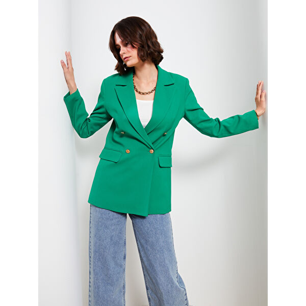 Kruvaze Yaka Düz Uzun Kollu Kadın Ceket