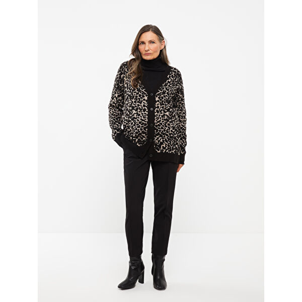 V Yaka Desenli Uzun Kollu Kadın Triko Hırka