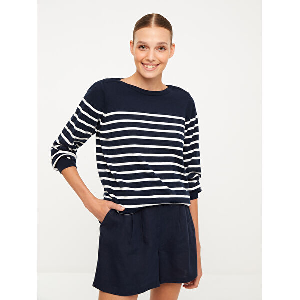 Bisiklet Yaka Çizgili Uzun Kollu Kadın Triko Kazak