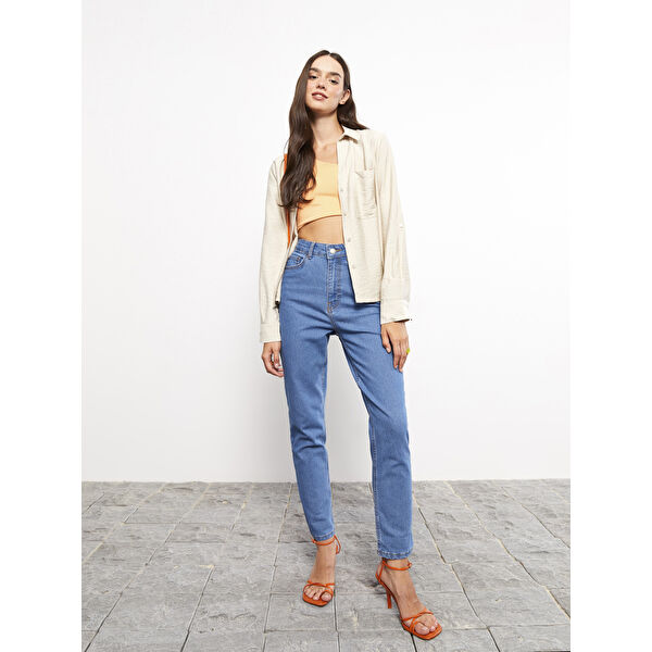 Yüksek Bel Slim Fit Düz Cep Detaylı Kadın Rodeo Jean Pantolon