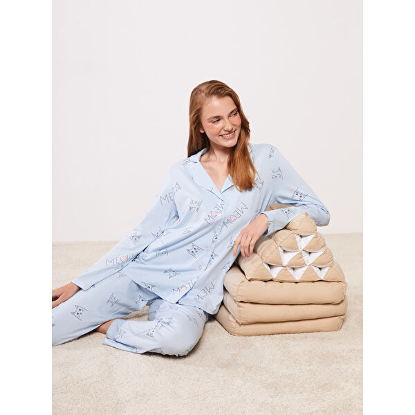 Gömlek Yaka Desenli Uzun Kollu Pamuklu Kadın Pijama Takımı Gömlek Yaka Desenli Uzun Kollu Pamuklu Kadın Pijama Takımı