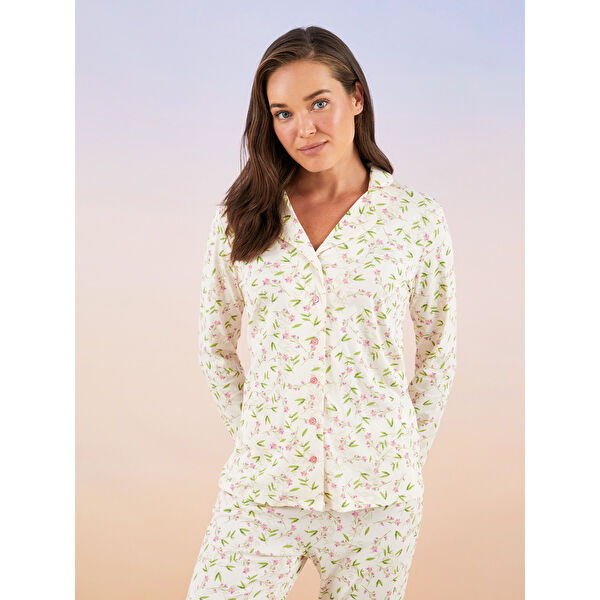Gömlek Yaka Desenli Uzun Kollu Pamuklu Kadın Pijama Takımı