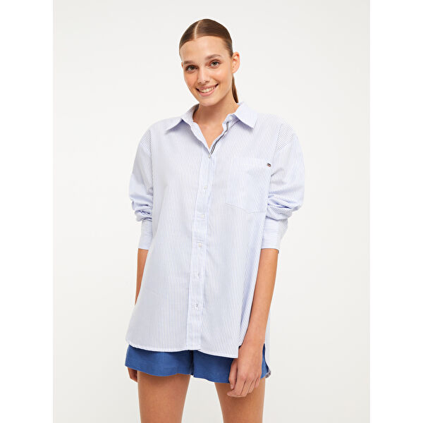 Önden Düğme Kapamalı Çizgili Uzun Kollu Oxford Kadın Gömlek