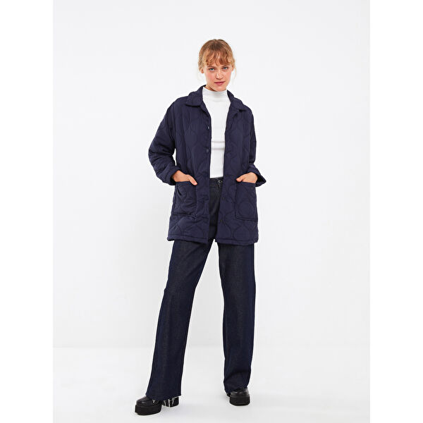 Gömlek Yaka Kendinden Desenli Uzun Kollu Kadın Ceket