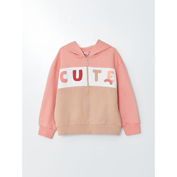 Kapüşonlu Baskılı Uzun Kollu Kız Çocuk Fermuarlı Sweatshirt
