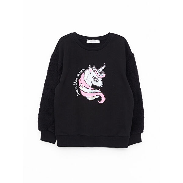 Bisiklet Yaka Pul İşlemeli Uzun Kollu Kız Çocuk Sweatshirt