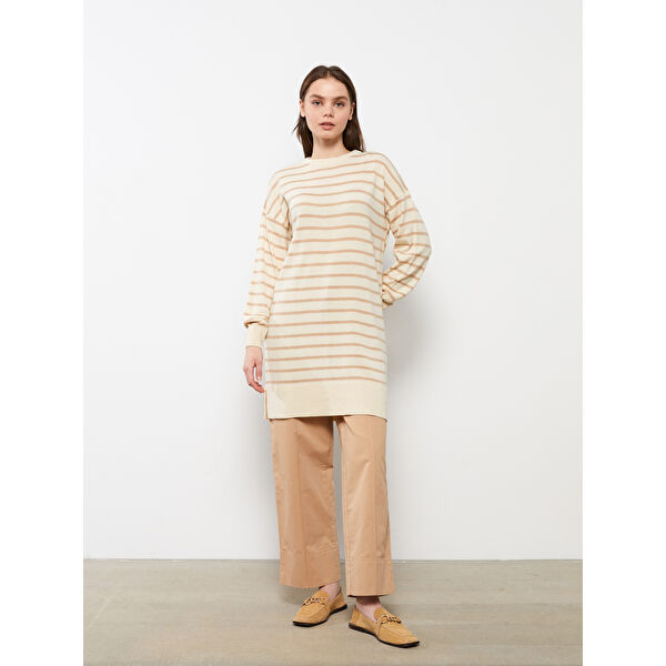 Bisiklet Yaka Çizgili Uzun Kollu Kadın Triko Tunik