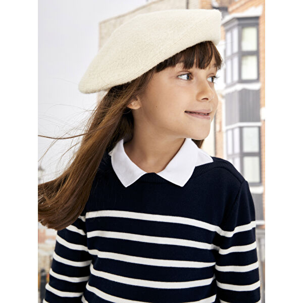 Bisiklet Yaka Çizgili Uzun Kollu Kız Çocuk Triko Kazak