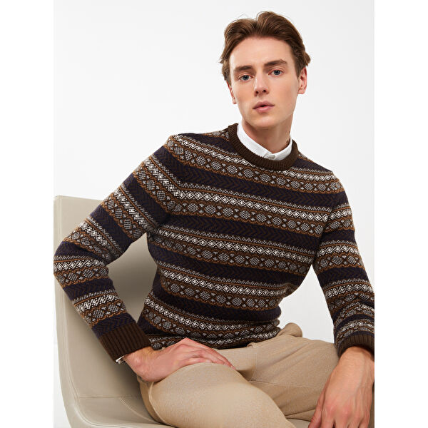 Bisiklet Yaka Uzun Kollu Desenli Erkek Triko Kazak