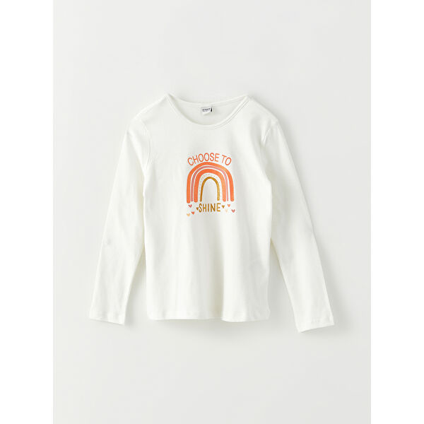 Bisiklet Yaka Baskılı Uzun Kollu Pamuklu Kız Çocuk Tişört