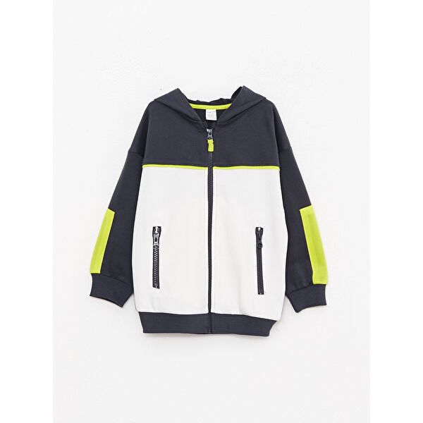 Kapüşonlu Uzun Kollu Renk Bloklu Erkek Bebek Fermuarlı Sweatshirt