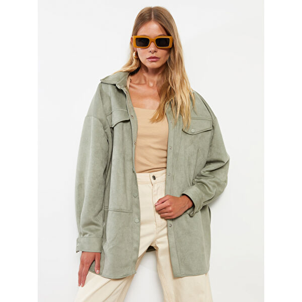 Gömlek Yaka Düz Uzun Kollu Kadın Deri Görünümlü Mont