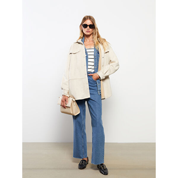 Gömlek Yaka Düz Uzun Kollu Kadın Deri Görünümlü Mont