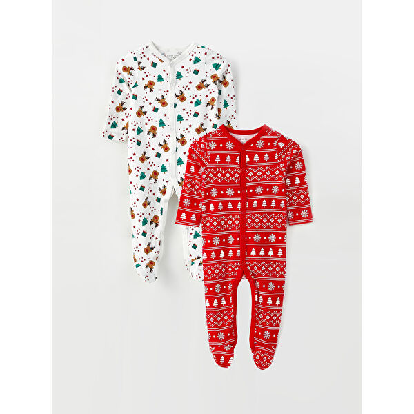 V Yaka Uzun Kollu Yılbaşı Temalı Erkek Bebek Tulum 2'li