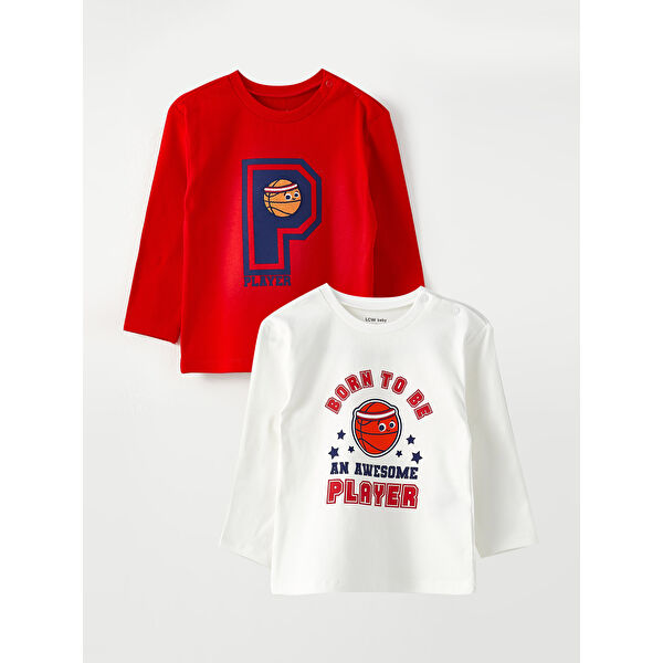 Bisiklet Yaka Uzun Kollu Baskılı Pamuklu Erkek Bebek Tişört 2'li