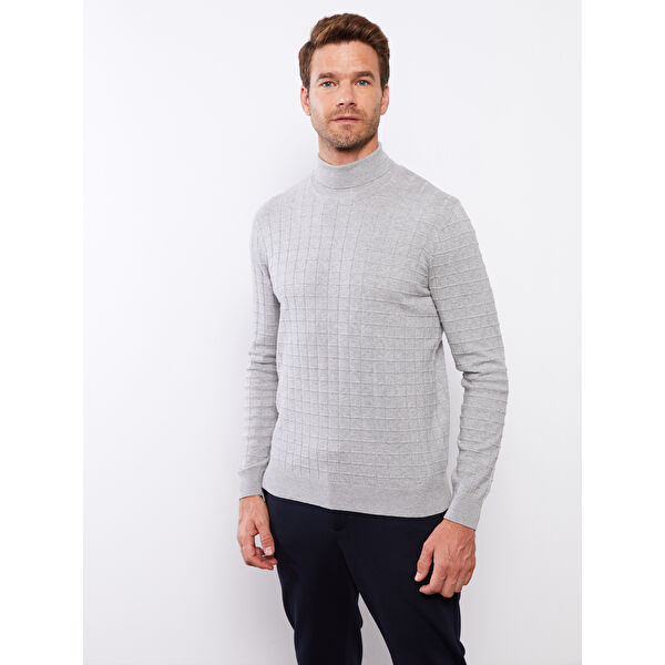 Balıkçı Yaka Uzun Kollu Kendinden Desenli Erkek Triko Kazak Balıkçı Yaka Uzun Kollu Kendinden Desenli Erkek Triko Kazak