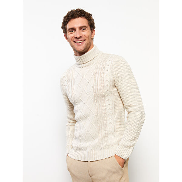 Balıkçı Yaka Uzun Kollu Kendinden Desenli Erkek Triko Kazak Balıkçı Yaka Uzun Kollu Kendinden Desenli Erkek Triko Kazak