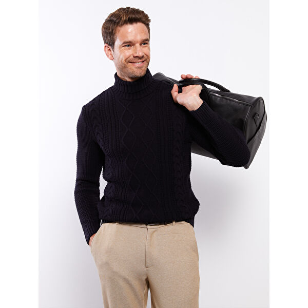 Balıkçı Yaka Uzun Kollu Kendinden Desenli Erkek Triko Kazak