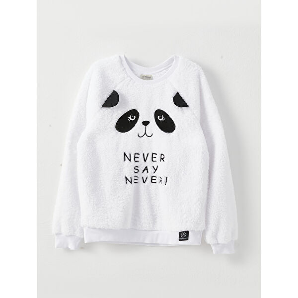 Bisiklet Yaka Nakışlı Uzun Kollu Pelüş Kız Çocuk Sweatshirt