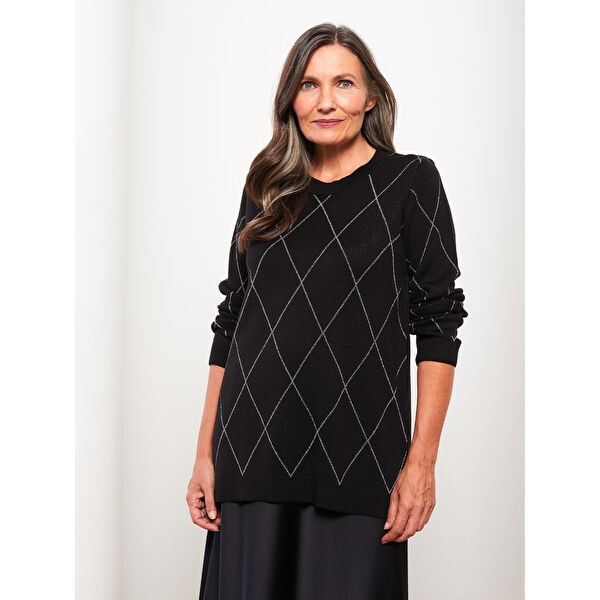 Bisiklet Yaka Desenli Uzun Kollu Kadın Triko Kazak