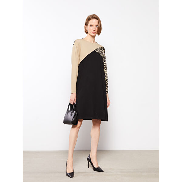 Bisiklet Yaka Desenli Uzun Kollu A Kesim Kadın Elbise Bisiklet Yaka Desenli Uzun Kollu A Kesim Kadın Elbise