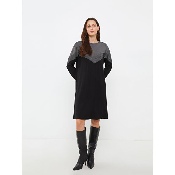 Bisiklet Yaka Renk Bloklu Uzun Kollu Kadın Elbise