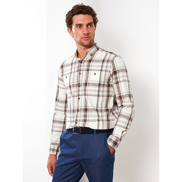Regular Fit Uzun Kollu Ekose Gabardin Erkek Gömlek