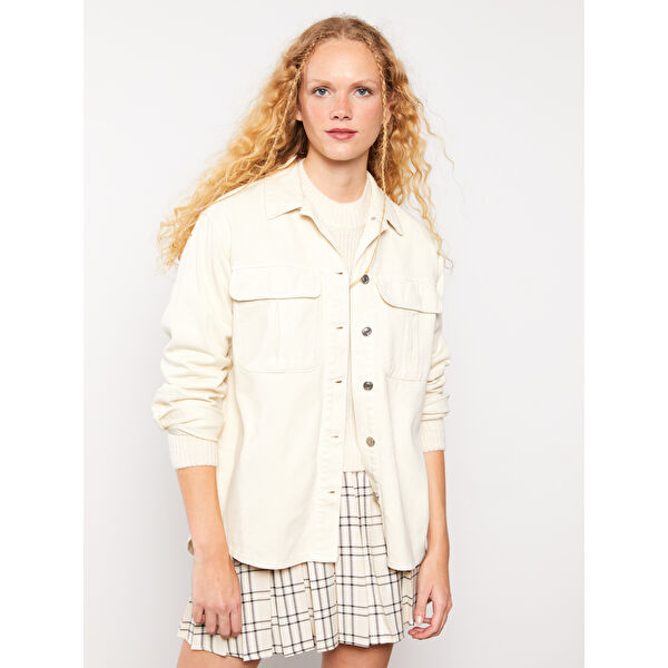 Önden Düğme Kapamalı Düz Uzun Kollu Pamuklu Kadın Gömlek Ceket