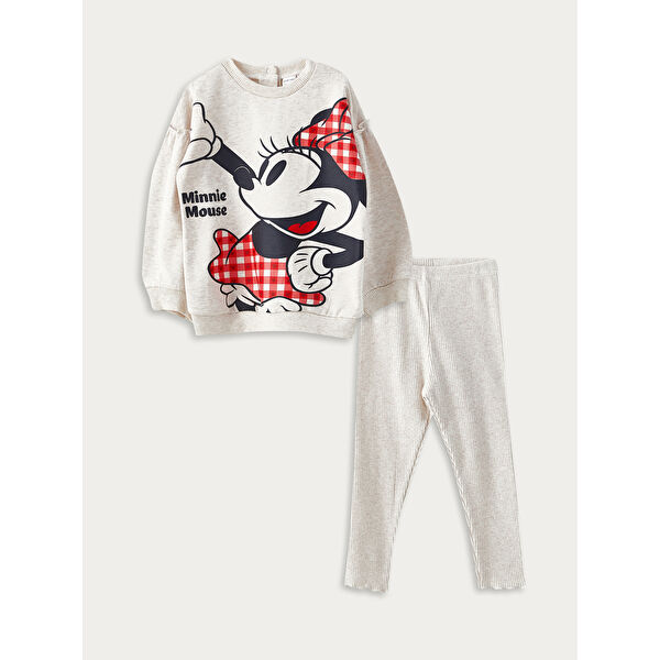 Bisiklet Yaka Uzun Kollu Minnie Mouse Baskılı Kız Bebek Sweatshirt ve Eşofman Alt 2'li Takım