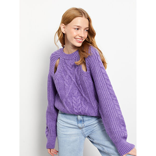 Bisiklet Yaka Kendinden Desenli Uzun Kollu Kadın Triko Kazak Bisiklet Yaka Kendinden Desenli Uzun Kollu Kadın Triko Kazak