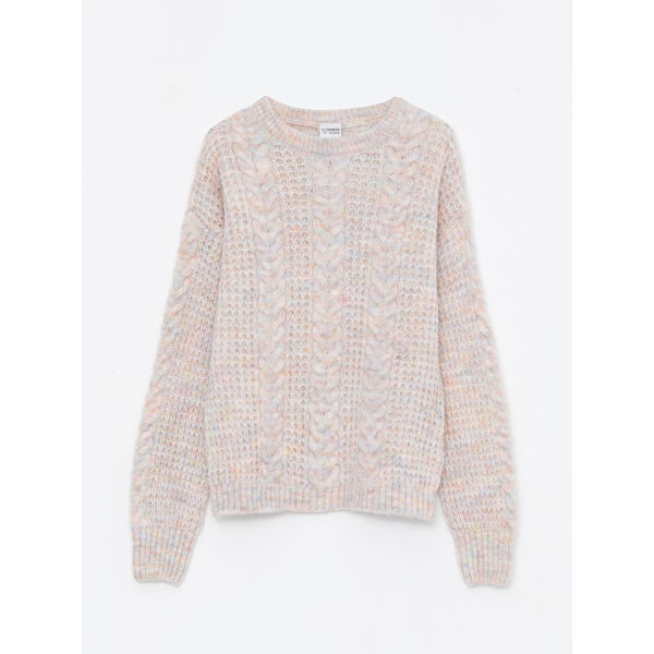 Bisiklet Yaka Saç Örgüsü Desenli Uzun Kollu Kız Çocuk Triko Kazak