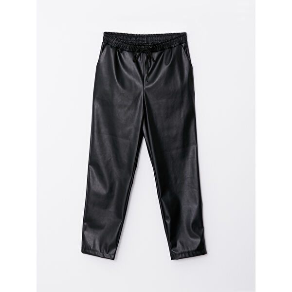 Beli Lastikli Düz Deri Görünümlü Kadın Pantolon