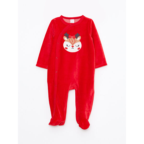 Bisiklet Yaka Uzun Kollu Nakış Detaylı Kız Bebek Kadife Tulum