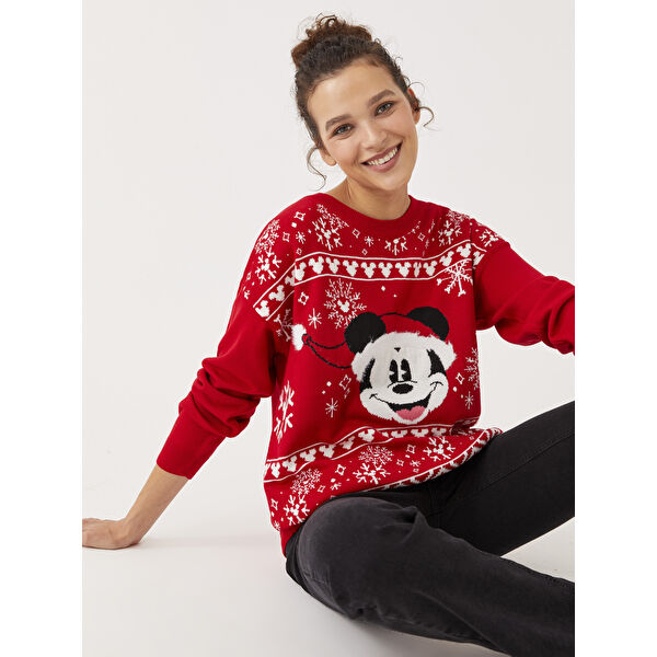 Bisiklet Yaka Mickey Mouse Baskılı Uzun Kollu Kadın Triko Kazak Bisiklet Yaka Mickey Mouse Baskılı Uzun Kollu Kadın Triko Kazak