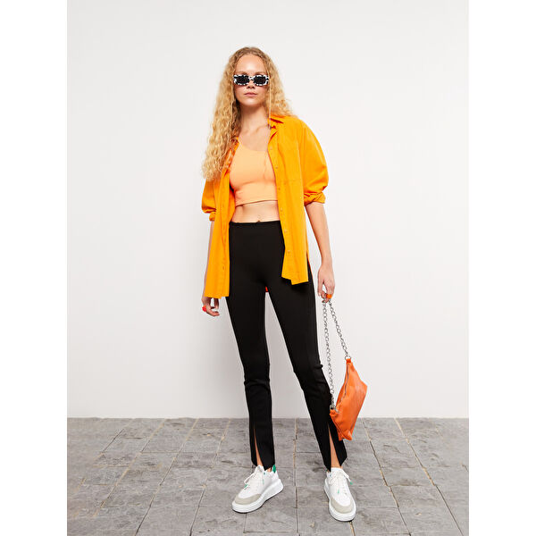 Beli Lastikli Düz Paçası Yırtmaçlı Kadın Tayt Pantolon