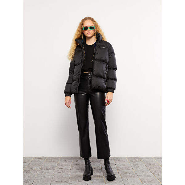 Dik Yaka Baskılı Uzun Kollu Kadın Şişme Mont