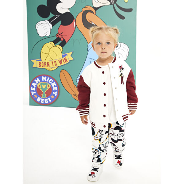 Kolej Yaka Uzun Kollu Minnie Mouse Baskılı Kız Bebek Bomber Ceket