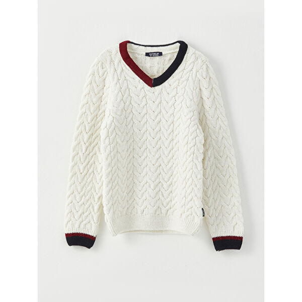 V Yaka Saç Örgüsü Desenli Uzun Kollu Erkek Çocuk Triko Kazak