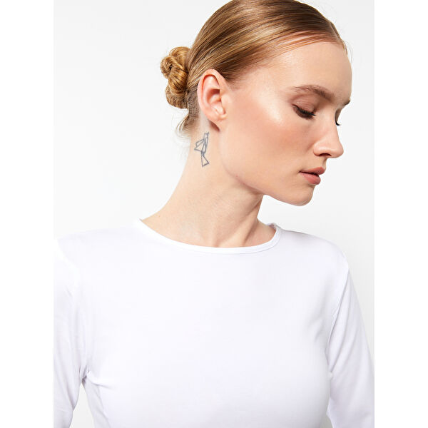 Bisiklet Yaka Düz Uzun Kollu Pamuklu Kadın Tişört