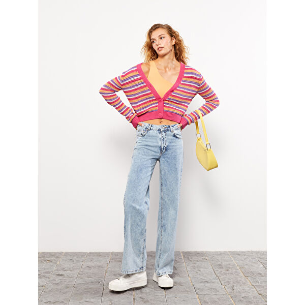 V Yaka Çizgili Uzun Kollu Kadın Triko Hırka V Yaka Çizgili Uzun Kollu Kadın Triko Hırka
