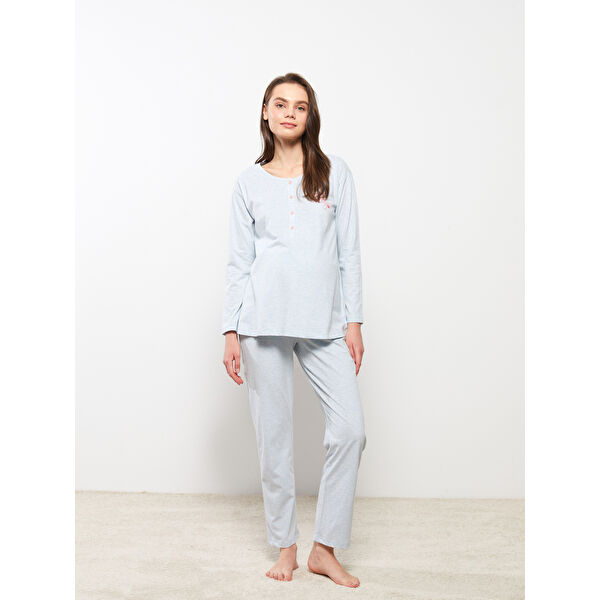 Bisiklet Yaka Nakışlı Uzun Kollu Hamile Pijama Takımı Bisiklet Yaka Nakışlı Uzun Kollu Hamile Pijama Takımı