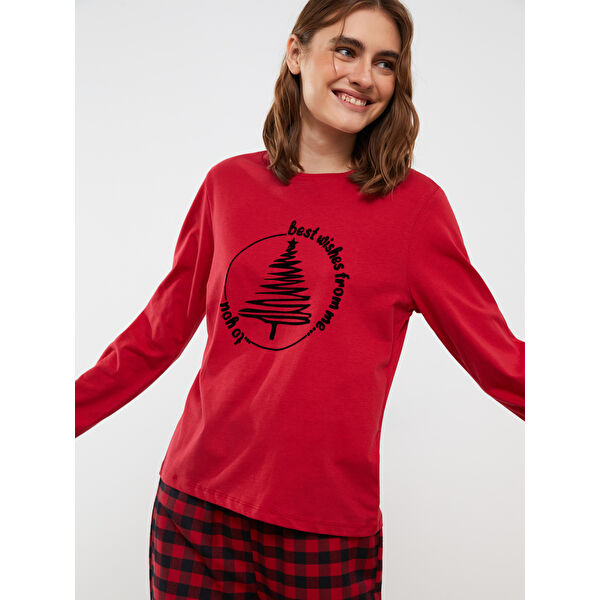 Bisiklet Yaka Yılbaşı Temalı Uzun Kollu Kadın Pijama Takımı