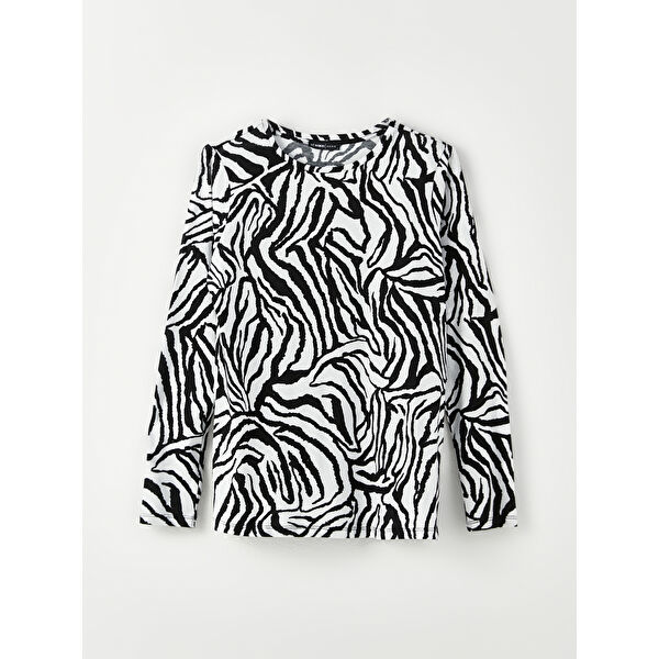 Bisiklet Yaka Desenli Uzun Kollu Pamuklu Kadın Tişört