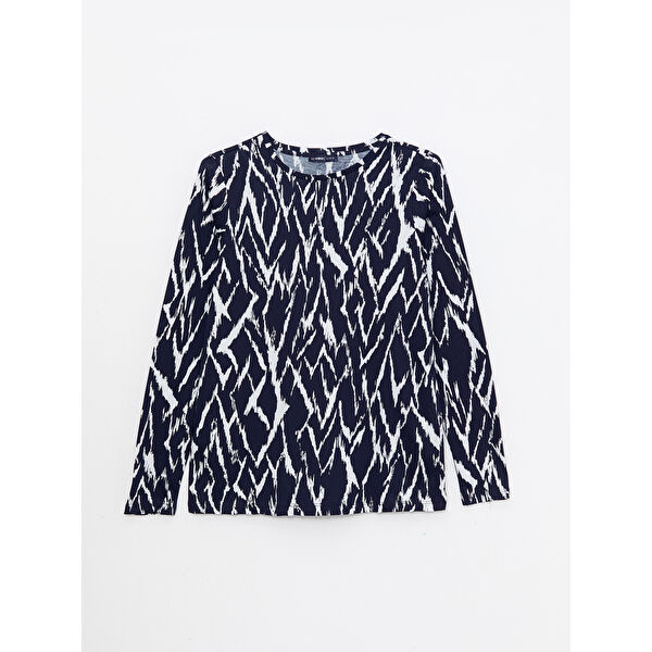 Bisiklet Yaka Desenli Uzun Kollu Pamuklu Kadın Tişört