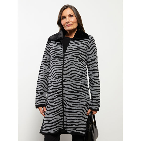 Polo Yaka Desenli Uzun Kollu Kadın Triko Hırka